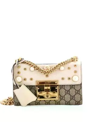 Gucci Pearly Padlock Shoulder Bag Gg Coated Canvas With Studded Leather Small Crossbody Bag - Neutrals