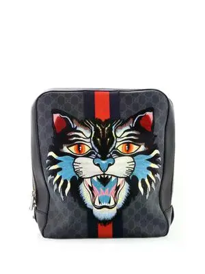 Gucci Angry Cat Web Gg Coated Canvas With Applique Medium Backpack