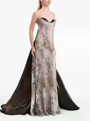 GEMY MAALOUF Strapless Sculpted-neck Abstract Print Gown