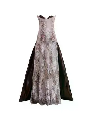 GEMY MAALOUF Strapless Sculpted-neck Abstract Print Gown - Neutrals
