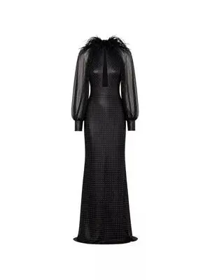 GEMY MAALOUF Feather-trimmed Crystal Embellished Gown - Black