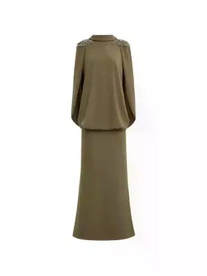 GEMY MAALOUF Embellished Shoulder High Neck Gown - Green