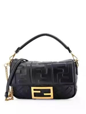 Fendi Baguette Nm Bag Zucca Embossed Leather Mini Crossbody Bag - Black