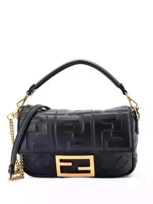 Fendi Baguette Nm Bag Zucca Embossed Leather Mini Crossbody Bag - Black