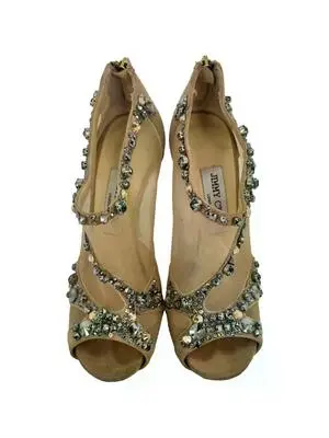 JIMMY CHOO Beige Leather & Crystal Mesh Pumps