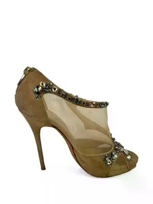 JIMMY CHOO Beige Leather & Crystal Mesh Pumps