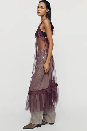 LYREBIRD Mesh Lace Slip Maxi Dress - Wine