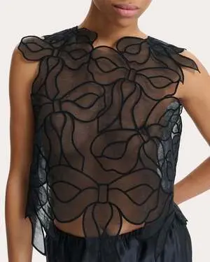 Cecilie Bahnsen Aya Sheer Organza Embroidered Bow Top