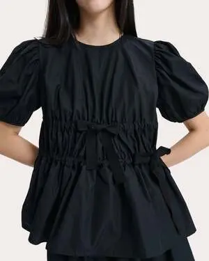 Cecilie Bahnsen Poplin Gathered Peplum Top With Puffed Sleeves