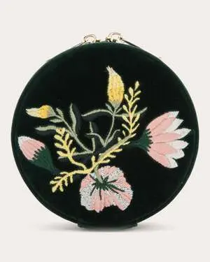 Wolf Zoe Embroidered Velvet Round Travel Case - Green