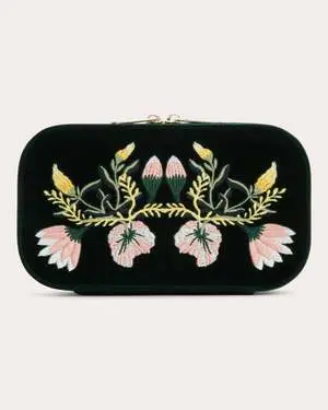 Wolf Zoe Embroidered Velvet Travel Zip Case - Green