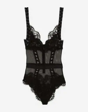 Dolce & Gabbana Lace And Tulle Bodysuit With Lacing And Eyelets