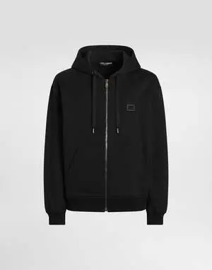 Dolce & Gabbana Cotton Zip-up Hooded Sweatshirt With Logo Plate - Black