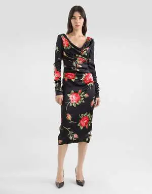 Dolce & Gabbana Rose Bouquet-print Draped Satin Dress