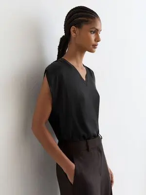 REISS Renita Silk-front Sleeveless V-neck Top - Black
