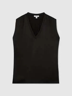 REISS Renita Silk-front Sleeveless V-neck Top - Black