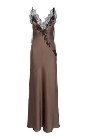 AURELIANA Chantilly Lace Embroidered Silk-blend Maxi Slip Dress - Brown