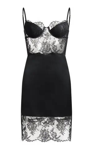 EVANGELISTA LINGERIE Magdalene Leavers Lace Silk-cotton Slip Dress - Black