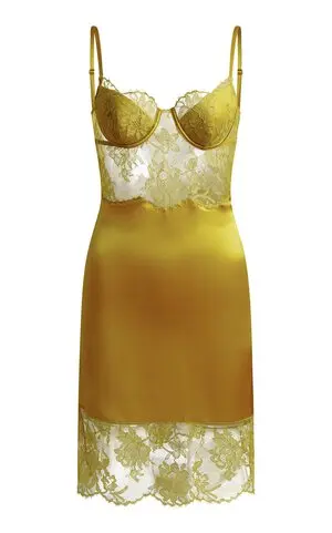 EVANGELISTA LINGERIE Magdalene Leavers Lace Silk-cotton Slip Dress - Olive