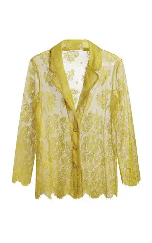 EVANGELISTA LINGERIE Joan Cotton-blend Leavers Lace Pajama Top - Olive