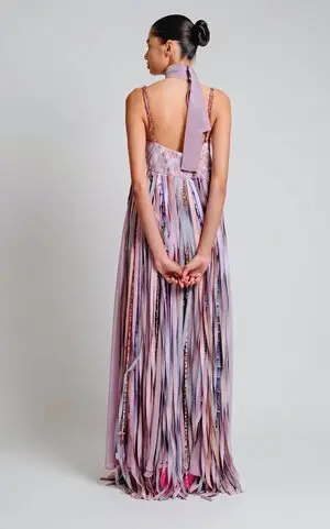SALMA OSMAN Embellished Chiffon Fringe Maxi Dress