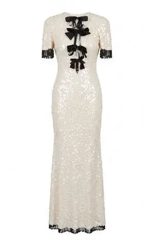 SALMA OSMAN Sequined Embellished Maxi Dress With Bow And Fringe Detail - Ivory