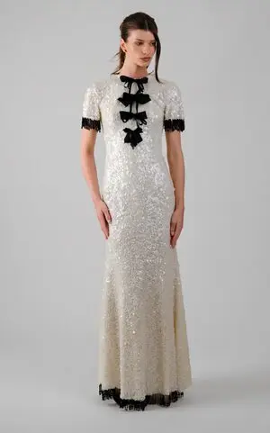 SALMA OSMAN Sequined Embellished Maxi Dress With Bow And Fringe Detail