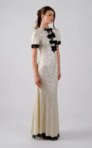 SALMA OSMAN Sequined Embellished Maxi Dress With Bow And Fringe Detail