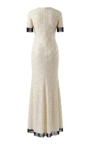SALMA OSMAN Sequined Embellished Maxi Dress With Bow And Fringe Detail