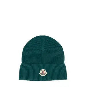 Moncler Logo Patch Ribbed Beanie - Green