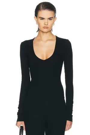 Eterne Long Sleeve Ribbed V-neck Top - Black