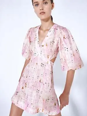 Alexis Linea Linen Dress With Puff Sleeves And Cutout Detail