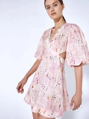 Alexis Linea Linen Dress With Puff Sleeves And Cutout Detail