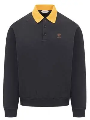 Versace Polo Collar Cotton Sweatshirt With Front Buttons And Embroidered Logo