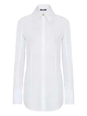 Balmain Wide-peak Collar Button-front Long-sleeve Cotton Top