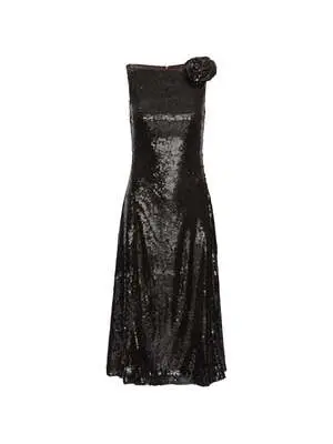 ROTATE BY BIRGER CHRISTENSEN Sequined Midi Flared Dress With Decorative Flower Appliqu