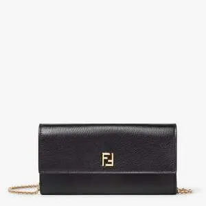 Fendi Leather Flap Wallet Bag With Detachable Chain Shoulder Strap, 10.5 Cm Height X 19 Cm Width X 4 Cm Depth - Nero