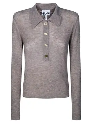 GANNI Ribbed Sheer Wool Polo - Beige