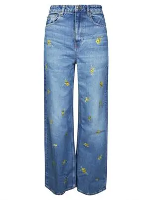 GANNI Printed Flower Denim Lari Jeans - Blu