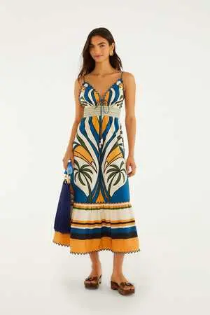 Farm Rio Long All-over Print Cotton Dress With Elastic Waistband And Lace V-neck - Multicolor
