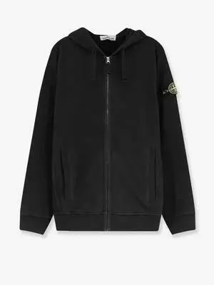 Stone Island 100% Cotton Zip-front Hoodie With Drawstring Hood And Ribbed Cuffs - Nero