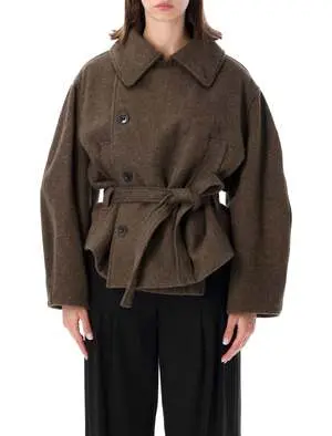 LEMAIRE Mini Wrap Short Jacket In Felted Wool & Alpaca Blend - Mud