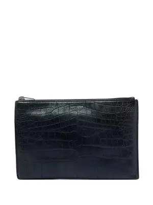 Saint Laurent Croc Embossed Leather Clutch Bag - Black