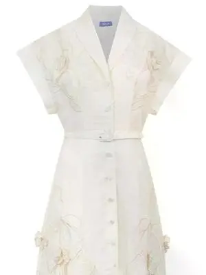 LEO LIN Floral Appliqué Belted Midi Dress