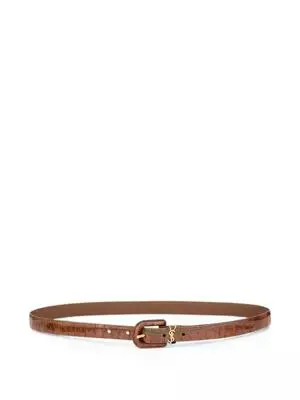 Saint Laurent Cassandre Thin Belt In Crocodile-embossed Leather - Brown