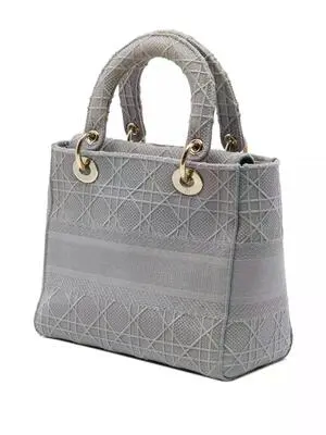 Dior Embroidered Canvas Cannage Lady D Lite Satchel - Grey