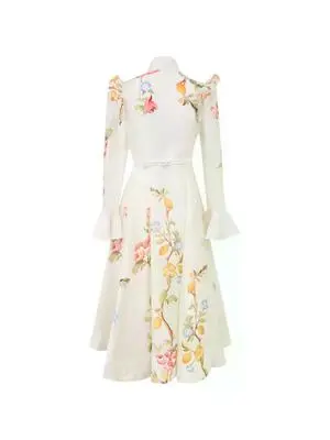 LEO LIN Off-white Floral Print Ruffled Shoulder Midi Dress