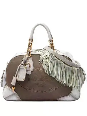 Prada 2013-2026 Leather Trimmed Canvas Canapa Logo Fringe Bauletto Bag Satchel - Brown