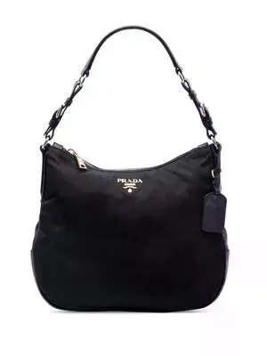 Prada Saffiano Trimmed Tessuto Shoulder Bag - Black
