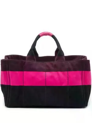 Prada 2010-2026 Large Striped Canvas Canapa Tote Satchel - Black
